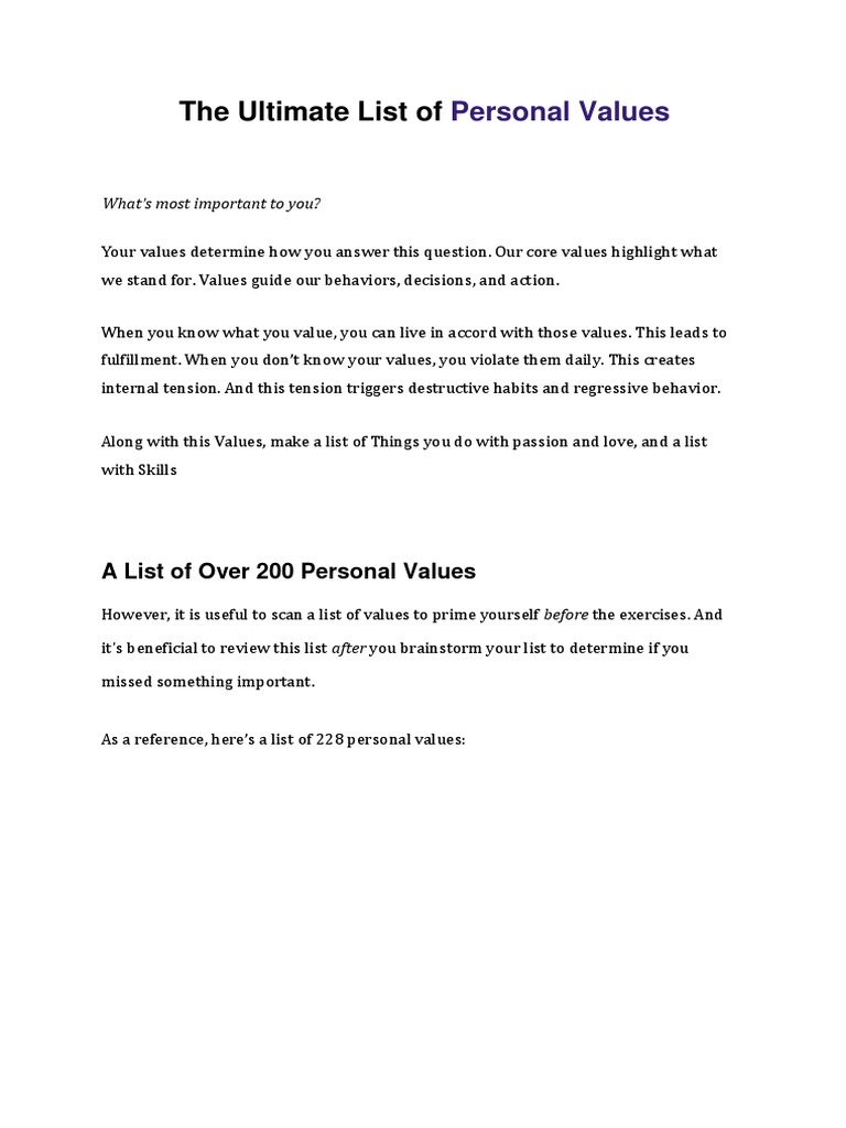 The Ultimate List Of: Personal Values | PDF | Courage | Altruism
