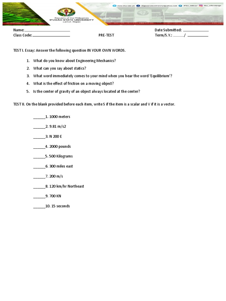Engineering Mechanics Pre-Test | PDF | Technology & Engineering