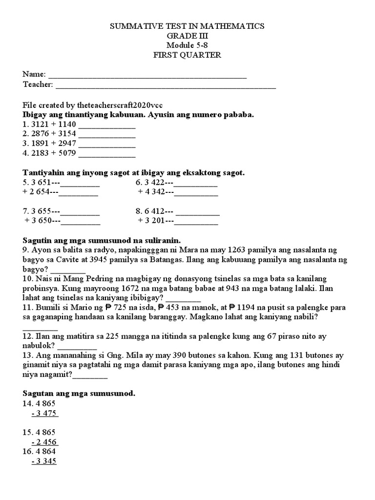 Summative Test in Mathematics 1 | PDF