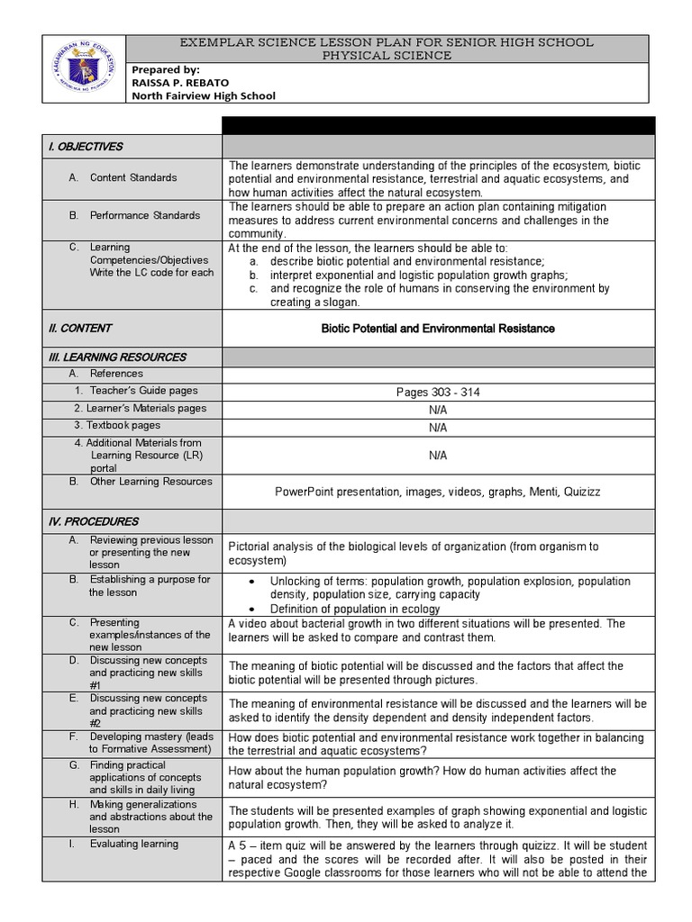 I. Objectives: Prepared By: Raissa P. Rebato North Fairview High School ...