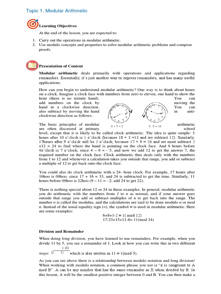 Topic 1. Modular Arithmetic: Learning Objectives | PDF | Ring Theory ...
