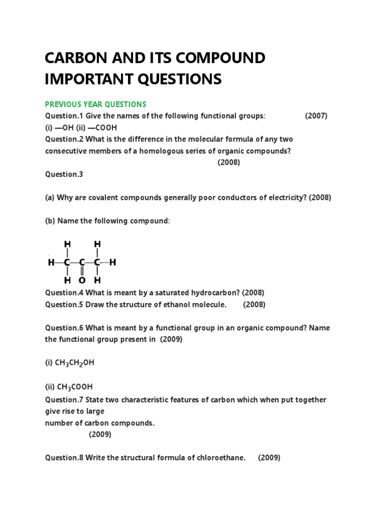 Carbon and Its Compound Important Questions | PDF | Chemical Compounds ...