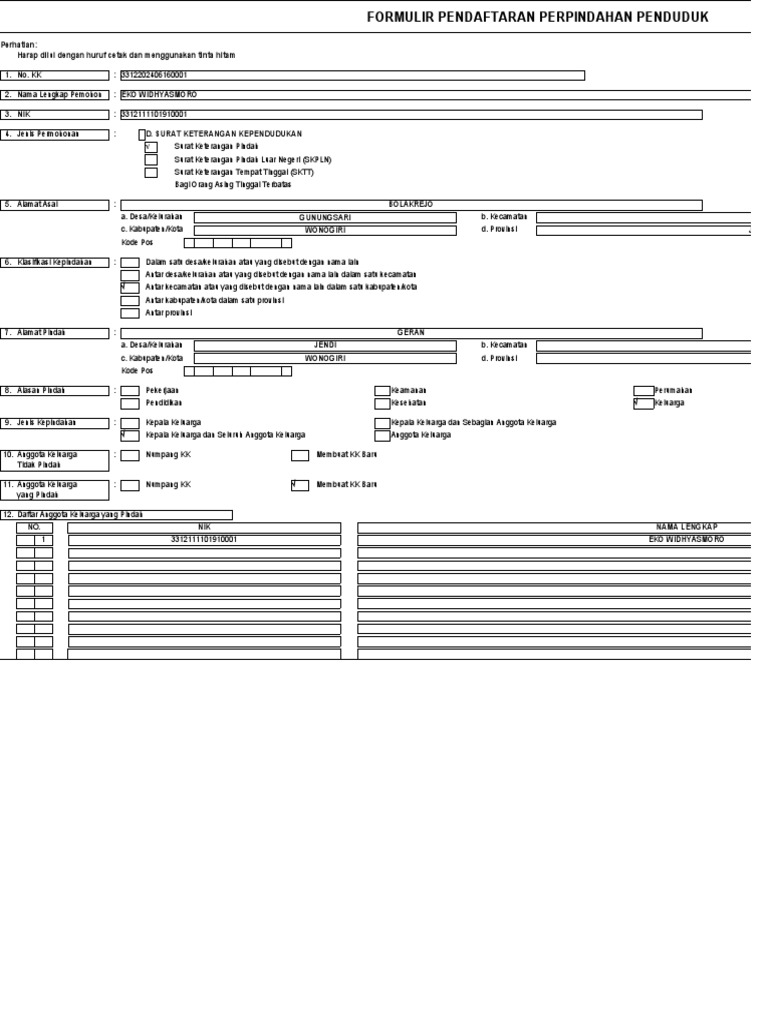 3580-f-1 03 Formulir Pendaftaran Perpindahan Penduduk | PDF