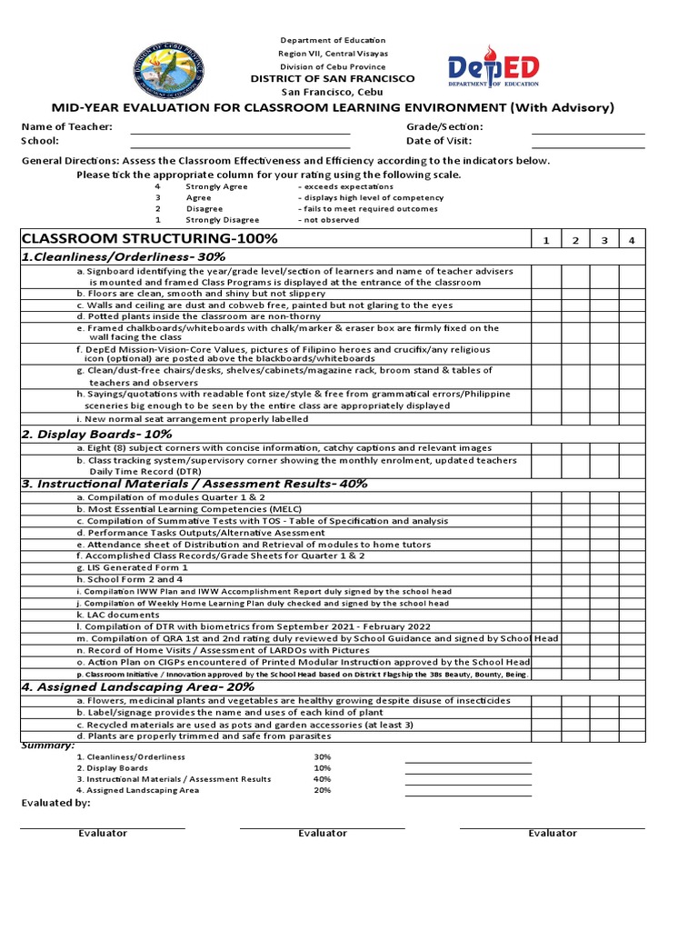 Classroom Structuring-100%: Mid-Year Evaluation For Classroom Learning ...