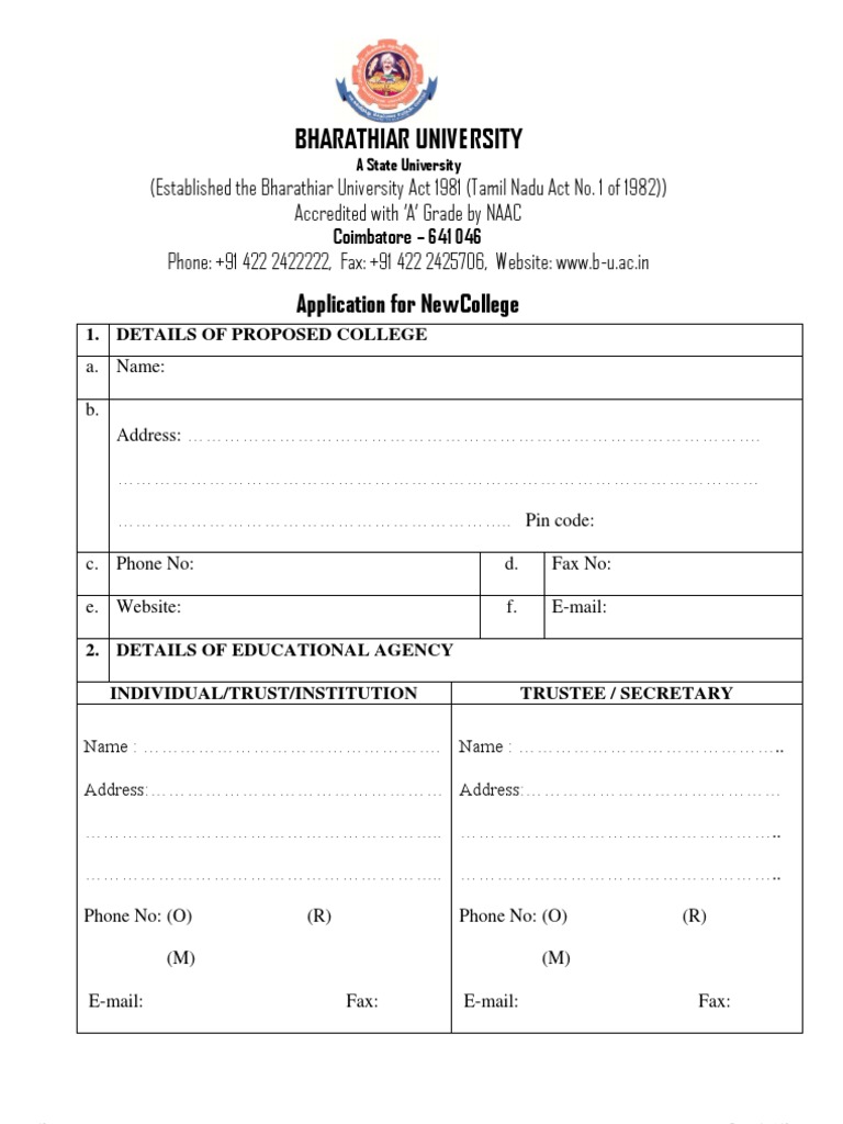 Bharathiar University: Application For New College | PDF | College ...