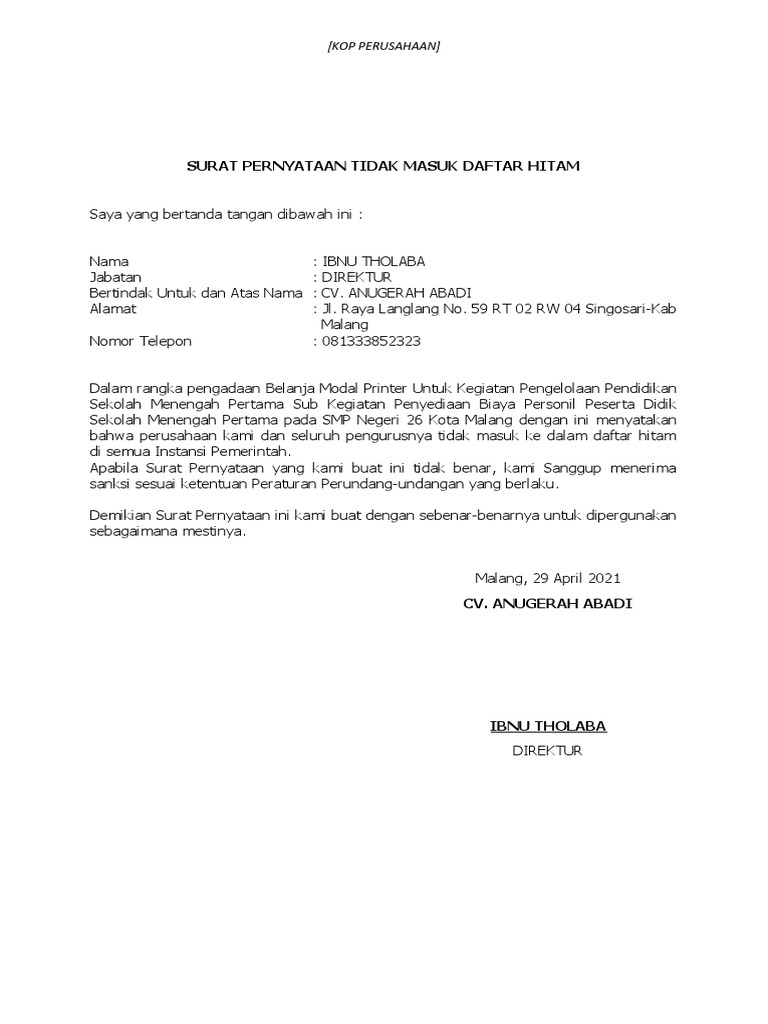 Pernyataan Legalitas CV. Anugerah Abadi | PDF