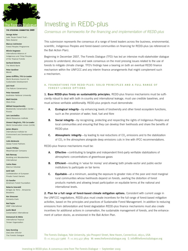 Investing in REDD-plus: Consensus On Frameworks For The Financing and ...