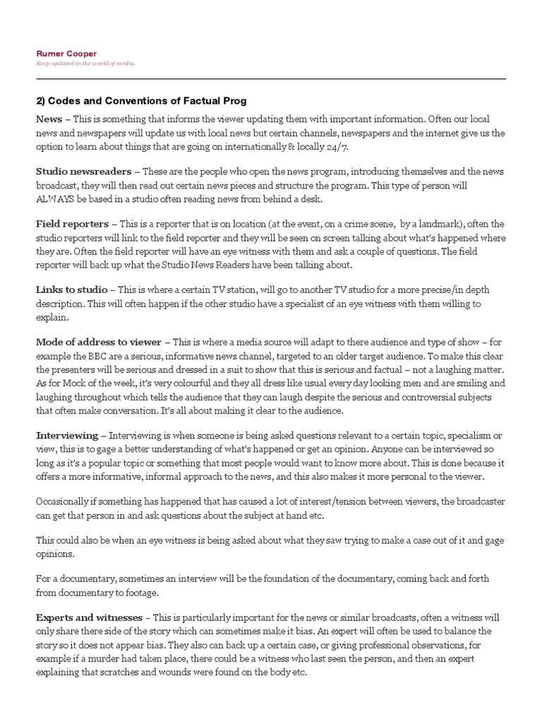 Codes and Conventions of Documentaries | PDF | Documentary Film | News