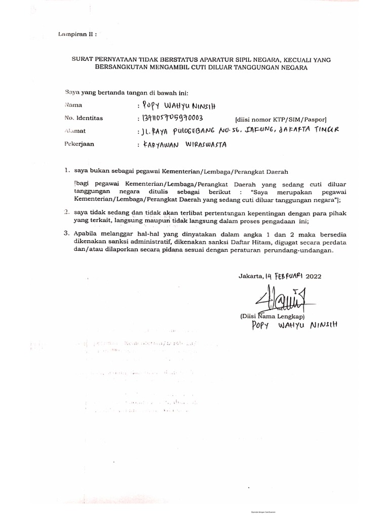 Surat Pernyataan Tidak Berstatus ASN | PDF