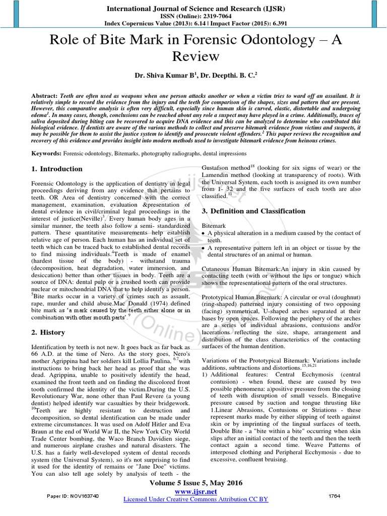 Role of Bite Mark in Forensic Odontology - A Review: Dr. Shiva Kumar B ...