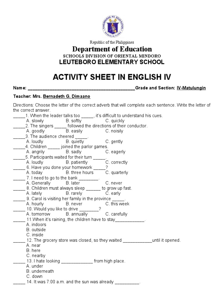 Activity Sheet in English 4 3RD Quarter From Lessons 1 and 2 | PDF ...
