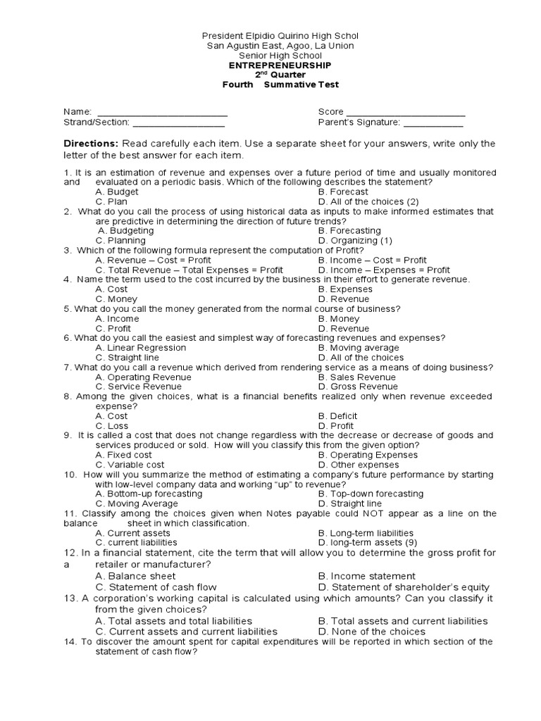 Entrepreneurship Summative Test | PDF | Debits And Credits | Business ...