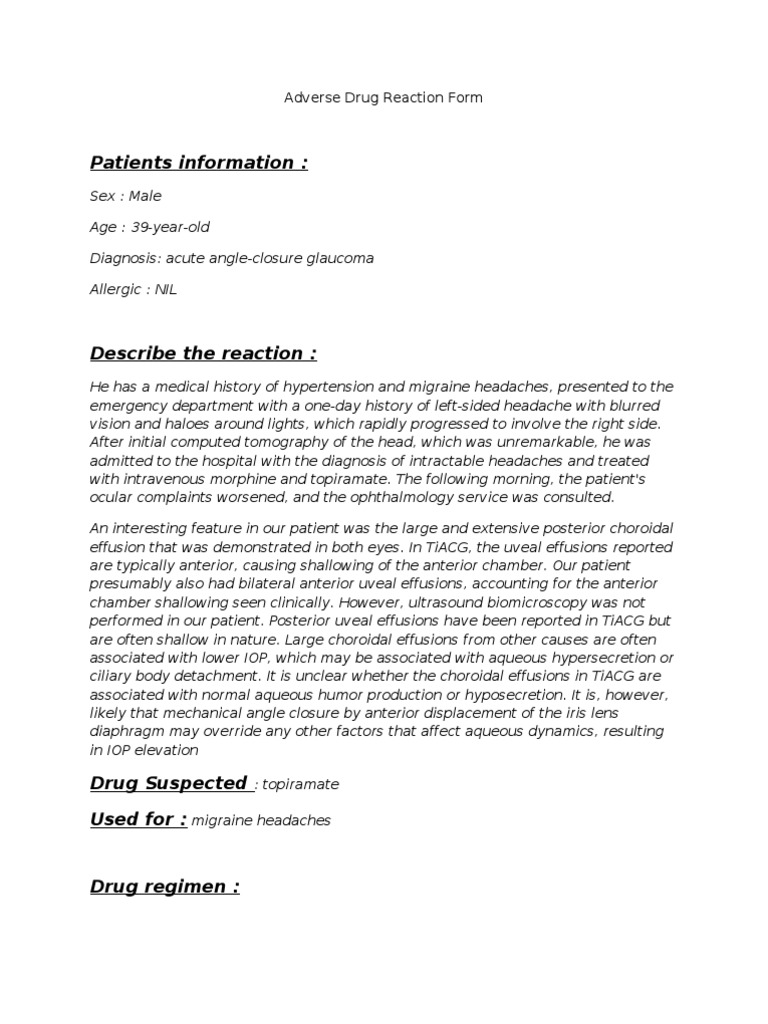 Adverse Drug Reaction Form | PDF | Glaucoma | Ophthalmology