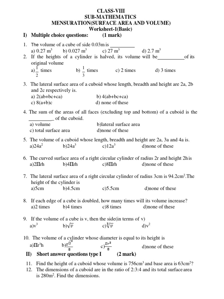 Worksheet Class 8 Mensuration | PDF | Volume | Area