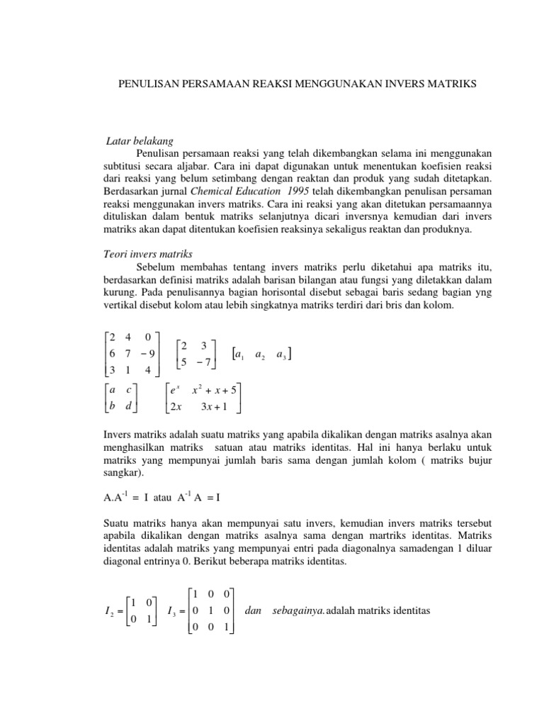 Penulisan Persamaan Reaksi Menggunakan Invers Matriks | PDF