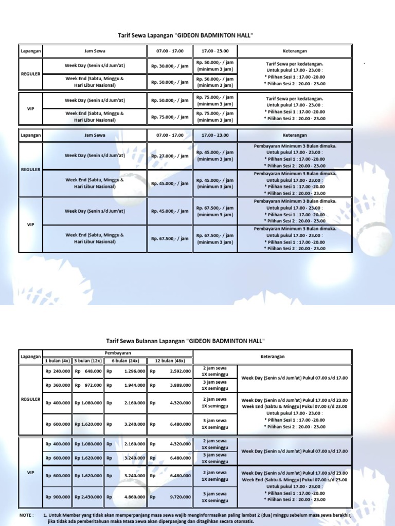 Tarif Sewa Lapangan GIDEON Badminton Hall Update Oktober 2020 | PDF