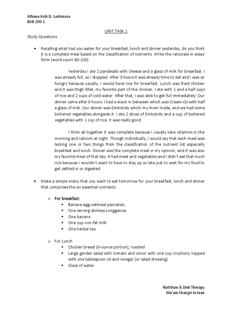 Unit Task 1 | PDF | Lunch | Meal