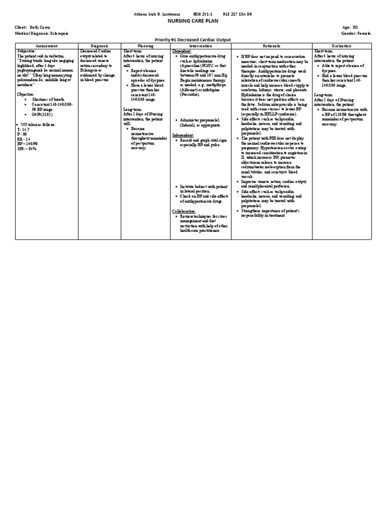 Nursing Care Plan: Priority #1 Decreased Cardiac Output | PDF | Blood ...