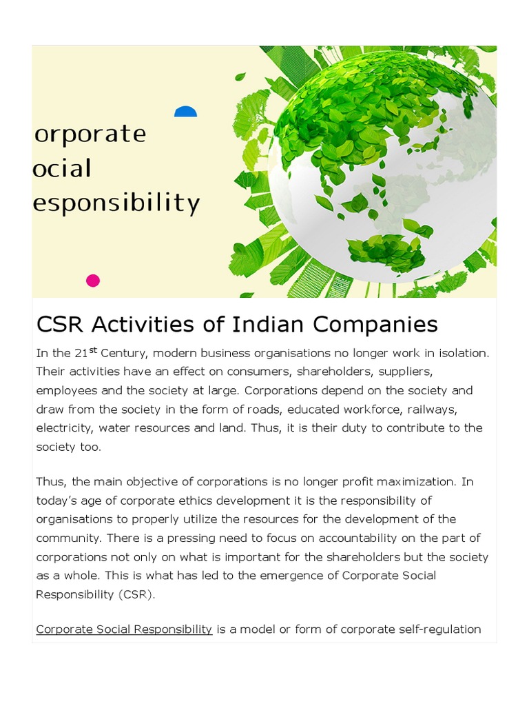 CSR Activities of Indian Companies - Vskills Blog | PDF | Corporate ...