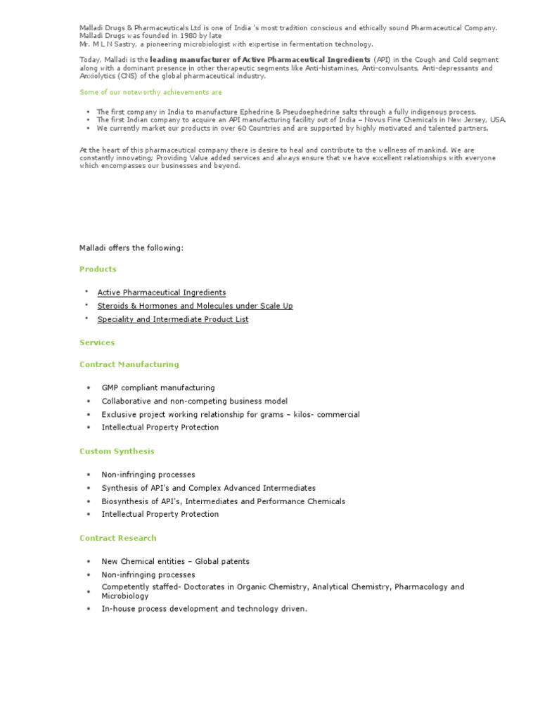 Malladi Drugs Company Profile | PDF | Fine Chemical | Pharmaceutical ...
