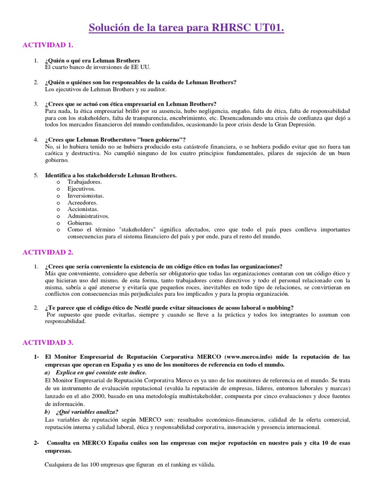 Solución de La Tarea para RHRSC UT01 | PDF | los hermanos Lehman | Economias