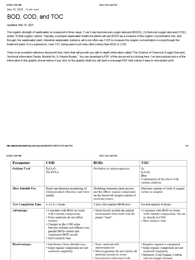 BOD, COD, and TOC | PDF | Total Organic Carbon | Sewage Treatment