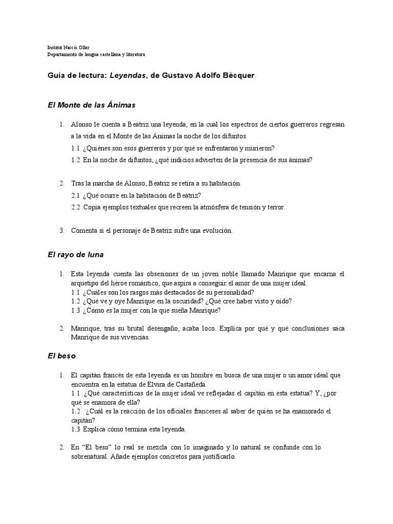 Guía de Lectura - Leyendas Bécquer | PDF | Leyendas