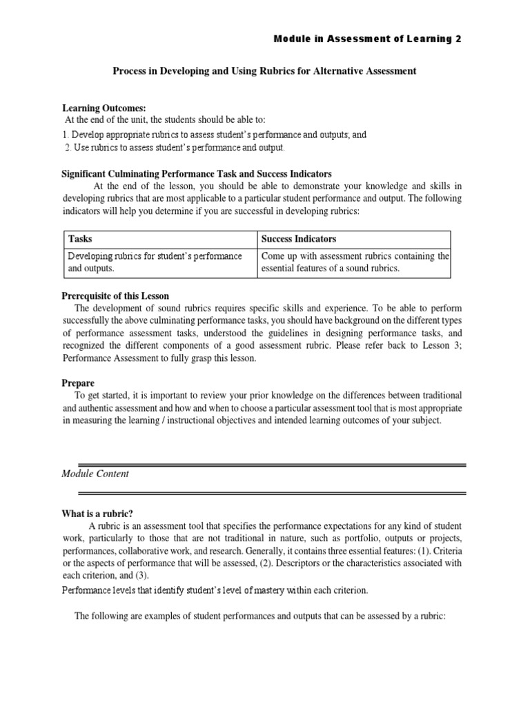 Learning Material - Developing and Using Rubrics - Final | PDF | Rubric ...