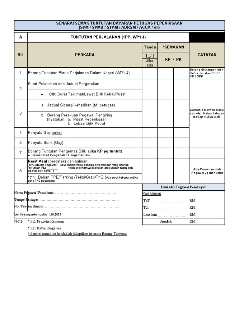 1.1 Senarai Semak Tuntutan Pegawas Peperiksaan | PDF
