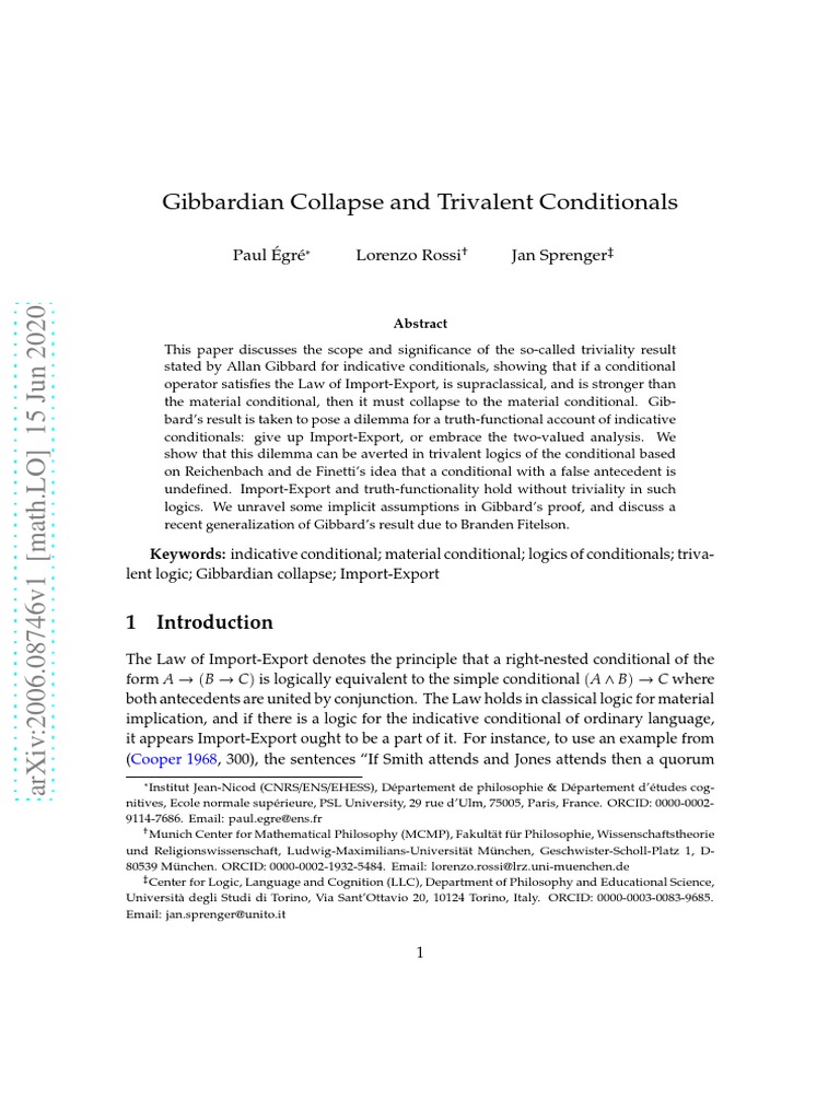 Egre, Rossi, Sprenger - Gibbardian Collapse and Trivalent Conditionals | PDF | Logic | Theorem