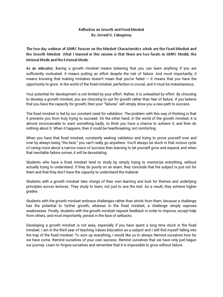 Reflection On Growth Mindset | PDF | Mindset | Learning