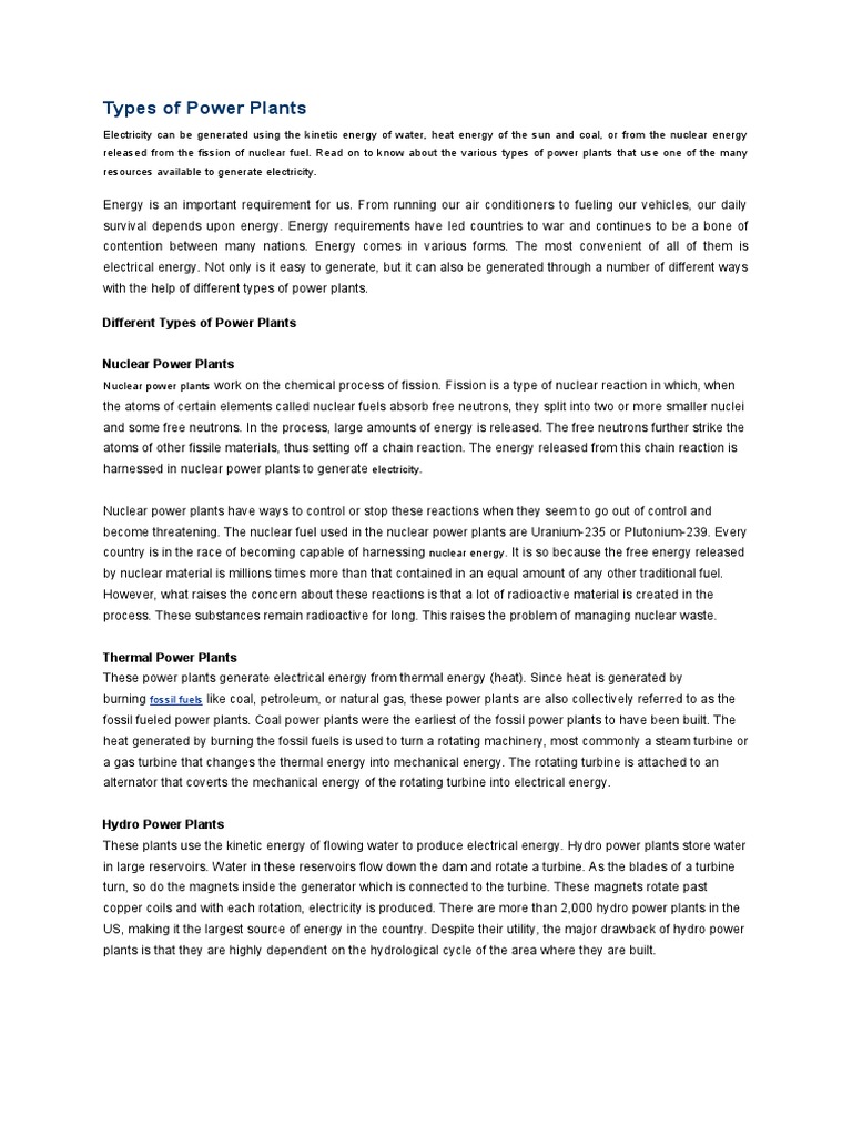 An Overview of the Major Types of Power Plants and the Energy Sources ...