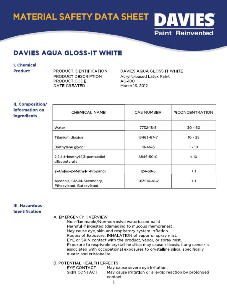 Davies Aqua Gloss It Enamel MSDS | PDF