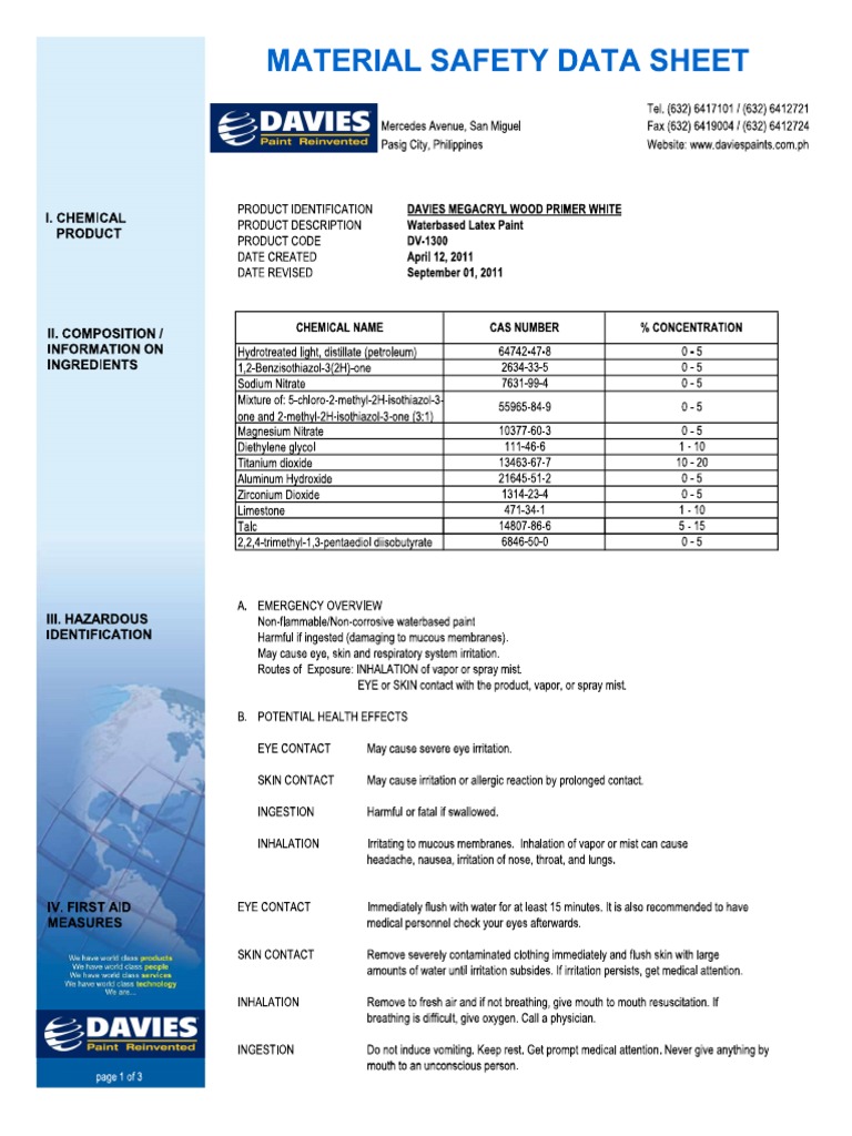 Davies Megacryl Wood Primer White MSDS | PDF