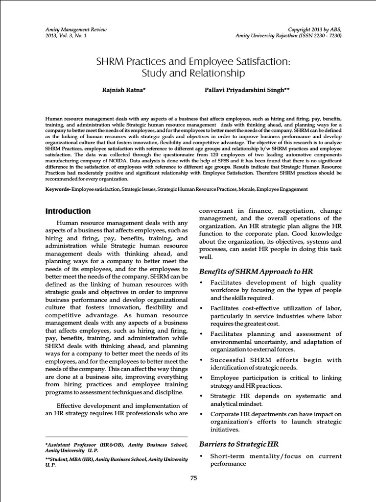 SHRM Practices and Employee Satisfaction: Study and Relationship | PDF ...