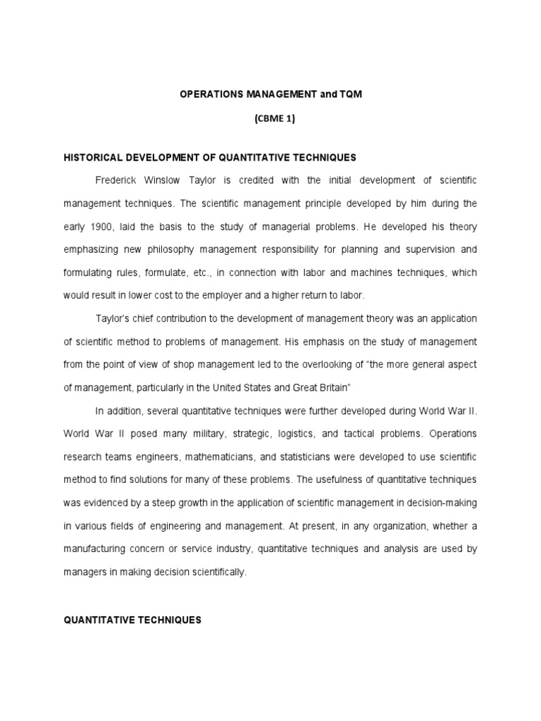 Operations Management and TQM: (CBME 1) | PDF | Quantitative Research ...