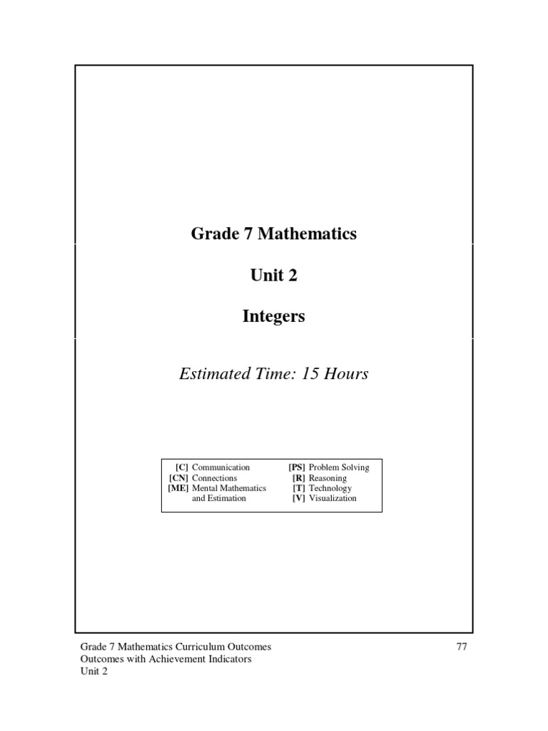 Grade 7 Mathematics Unit 2 Integers: Estimated Time: 15 Hours | PDF ...