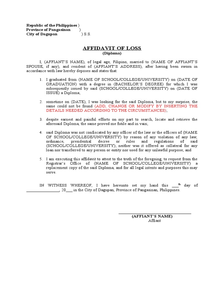Affidavit of Loss (Diploma) | PDF