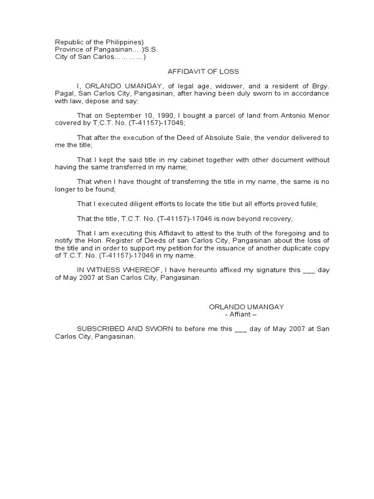 Affidavit of Loss - (Lost Title) | PDF