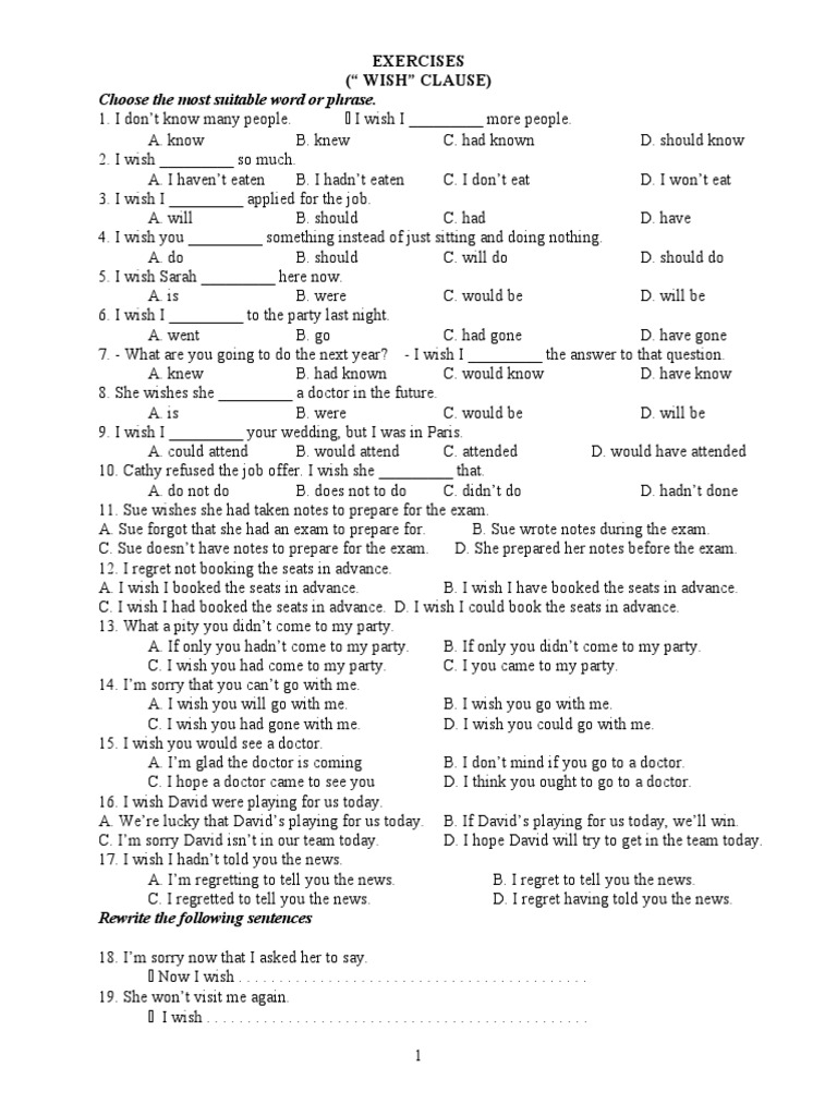 Choose The Most Suitable Word or Phrase.: Exercises (" Wish" Clause) | PDF