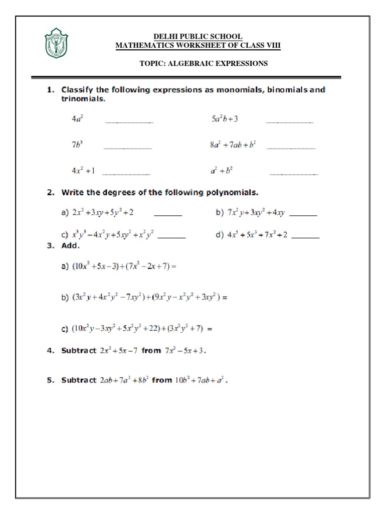 Delhi Public School Mathematics Worksheet of Class Viii Topic: Algebraic Expressions | PDF