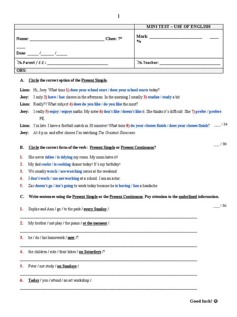 Mini Test - Present Simple Vs Present Continuous - B | PDF