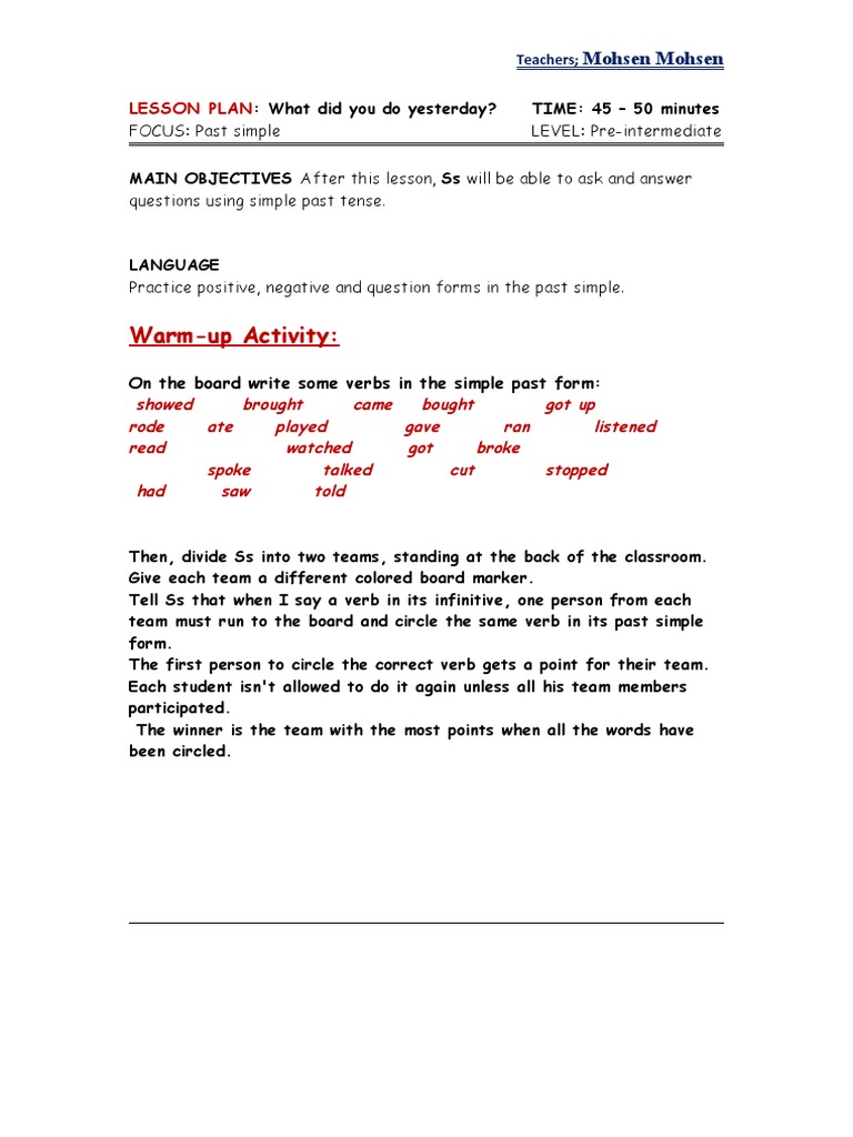 Simple Past Tense Lesson Plan | PDF | Verb | Question