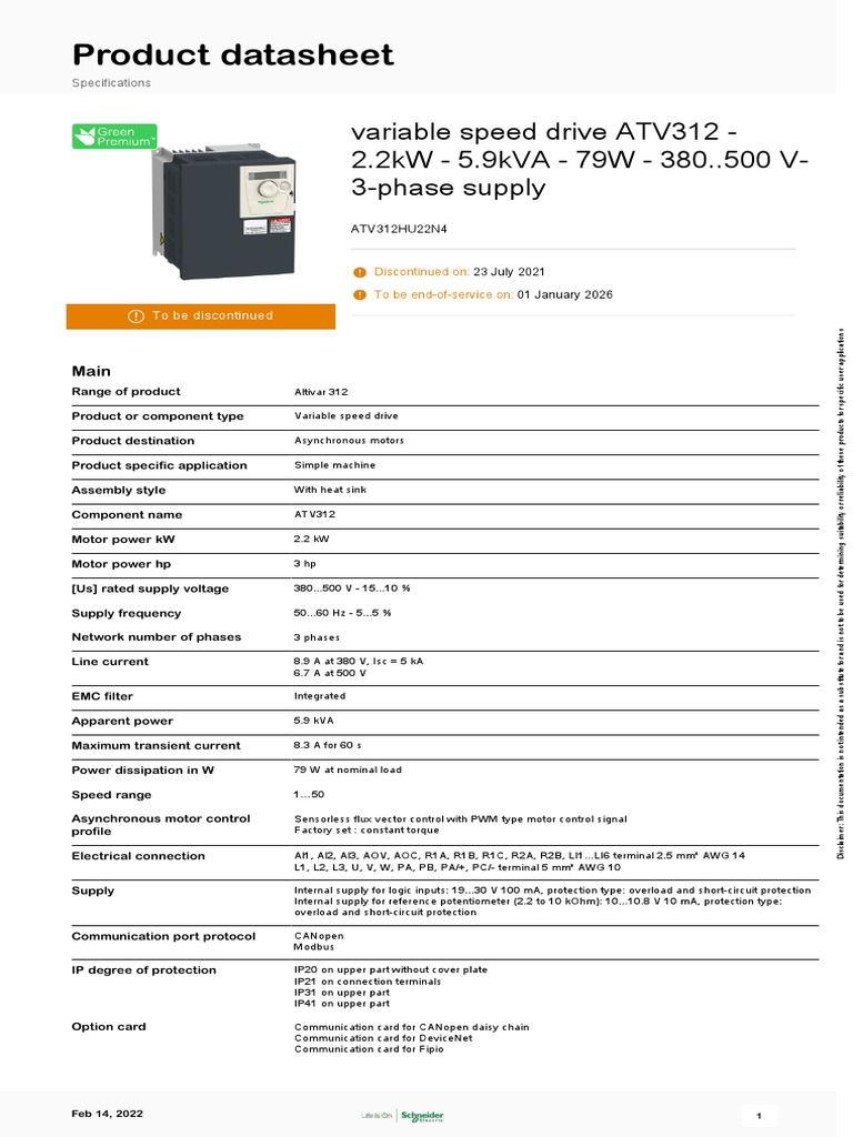 Product Datasheet: Variable Speed Drive ATV312 - 2.2kW - 5.9kVA - 79W ...