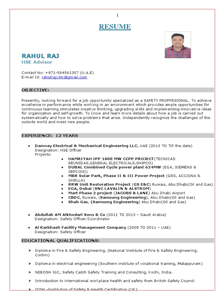 HSE Advisor Resume of Rahul Raj | PDF | Safety | United Arab Emirates