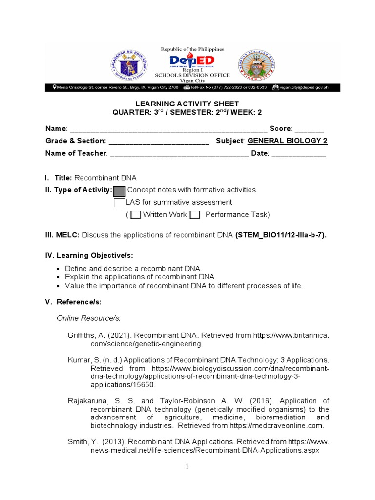 LAS GenBio2 MELC 7 Week 2 | PDF | Plasmid | Dna
