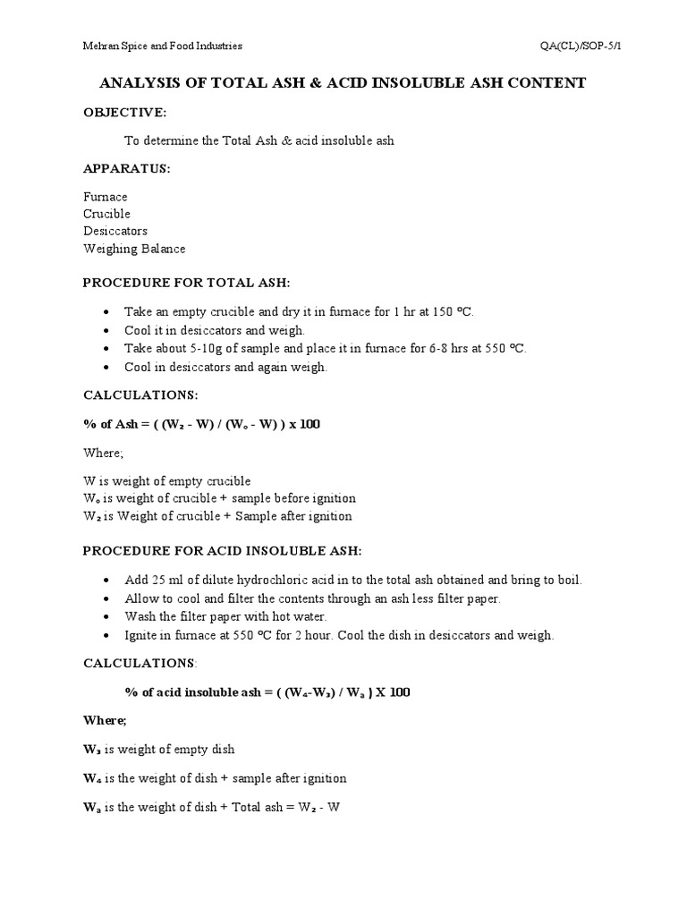 Determine Total and Acid Insoluble Ash Content | PDF