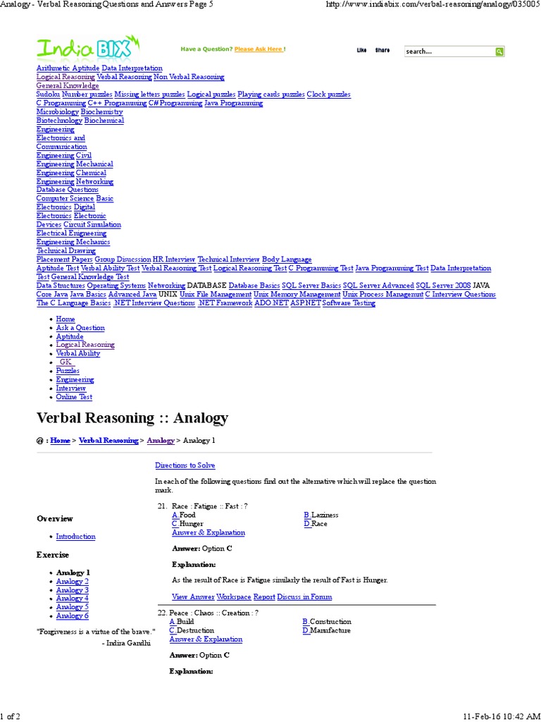 Analogy - Verbal Reasoning Questions and Answers Page 5 | PDF ...