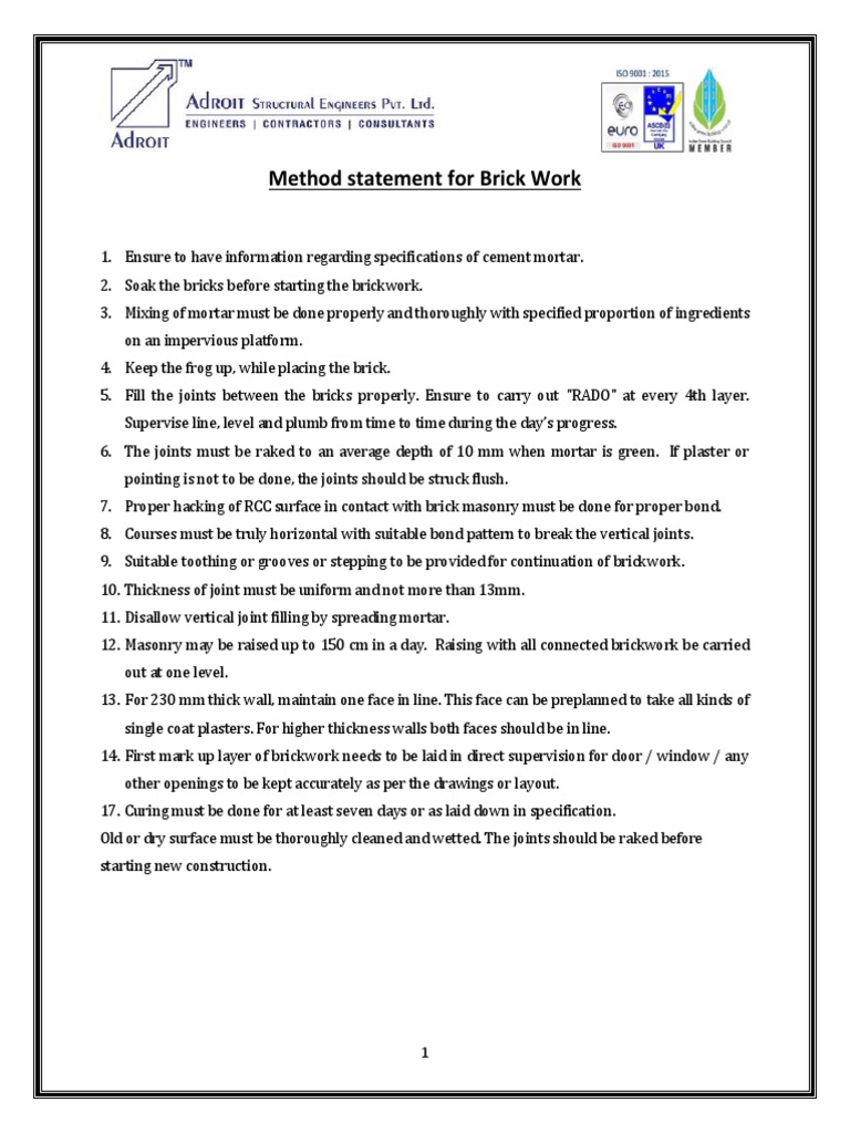 Brickwork Method Statement Guide | PDF