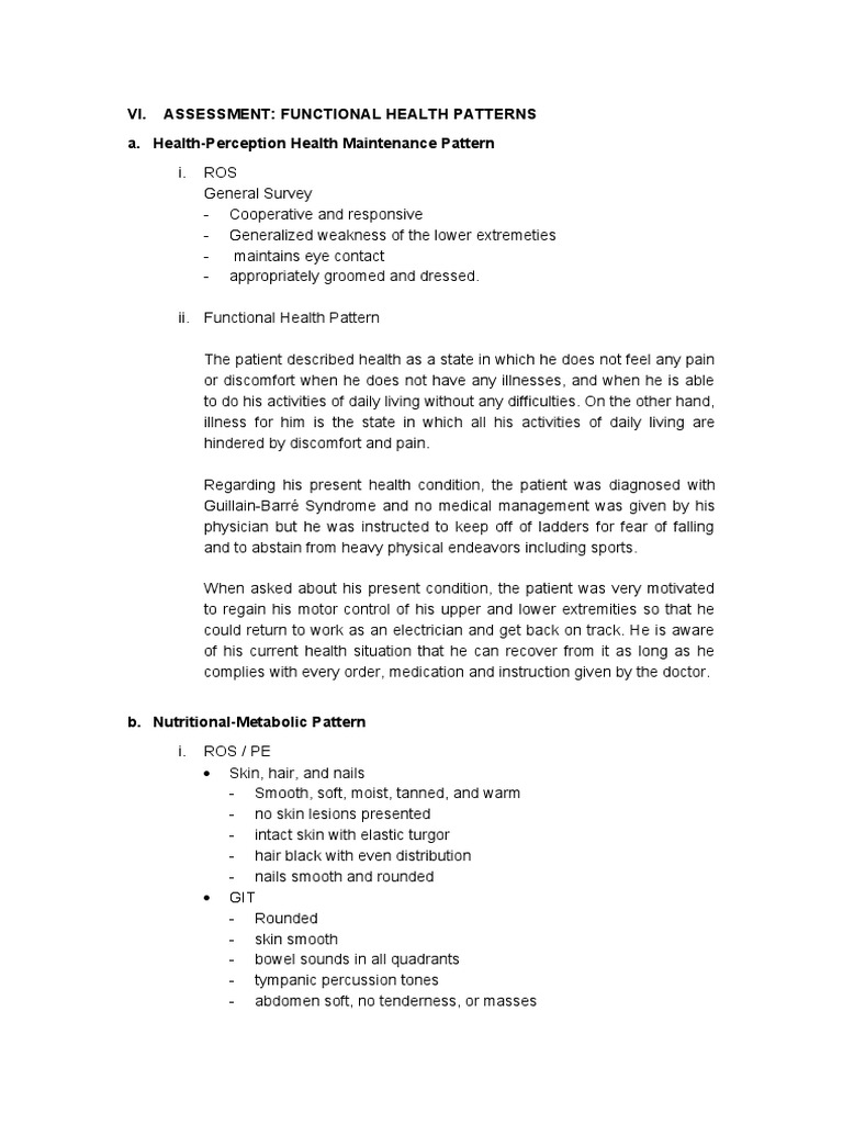 Vi. Assessment: Functional Health Patterns A. Health-Perception Health ...